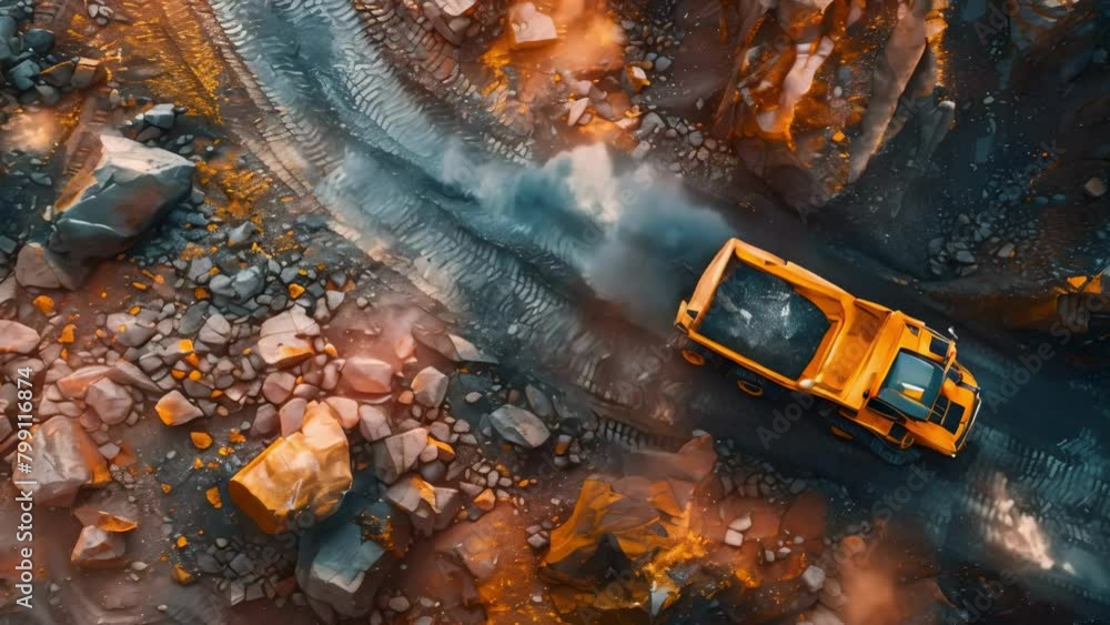 Realistic photo of open pit mining with large yellow dump truck ...