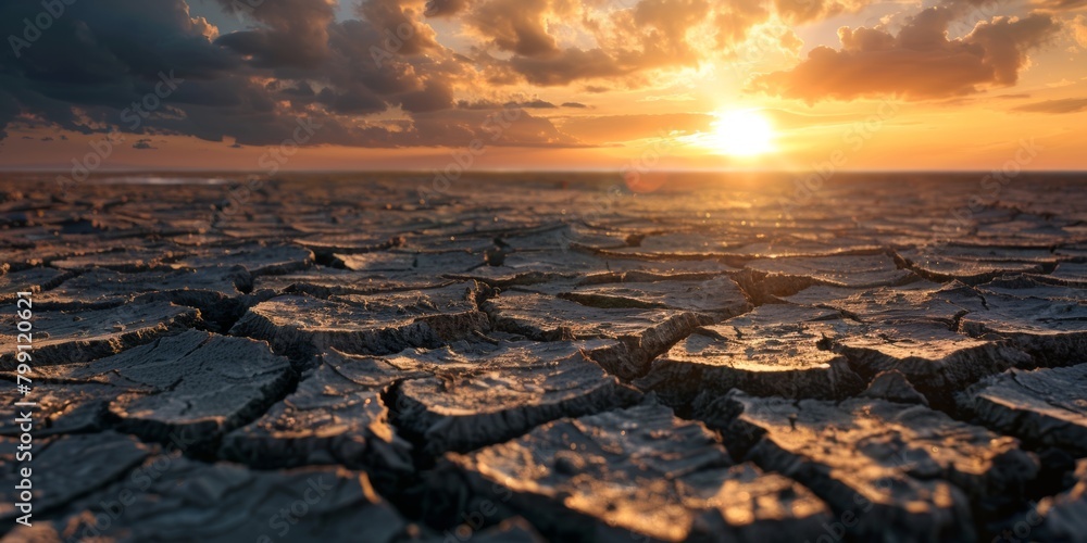 climate change progress background. un setting over cracked dry earth ...