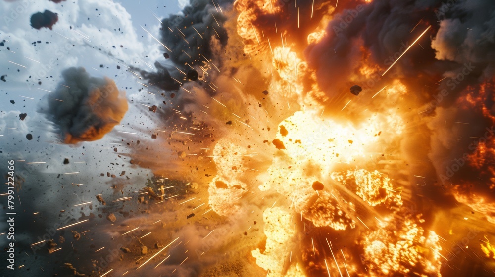 cluster bomb explosion in modern warfare with smoke and huge fire ...