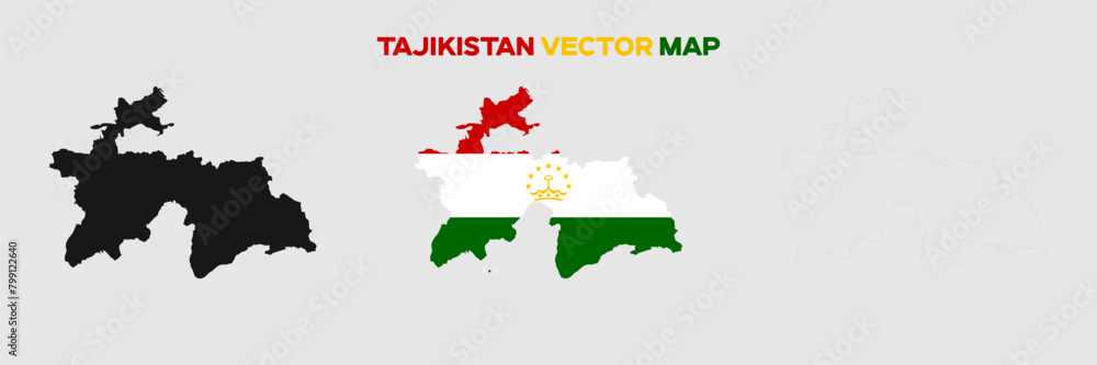 Tajikistan Map Vector Pack. Map with Flag. Gray Map Silhouette. Gray ...