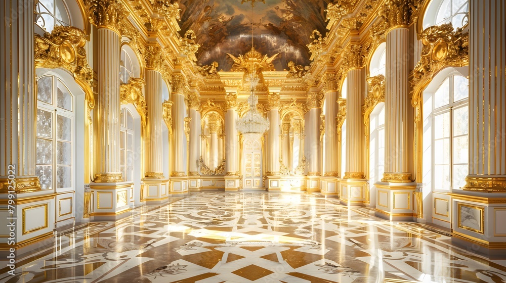 gold marble interior of the royal golden palace. castle interior with ...