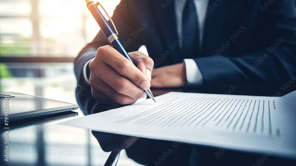 Close-up of a business executive's hand holding a fountain pen, signing ...