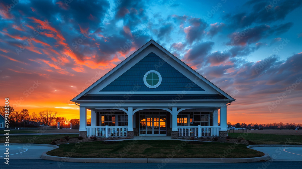 Dramatic sunset hues over a newly built clubhouse with a white porch ...