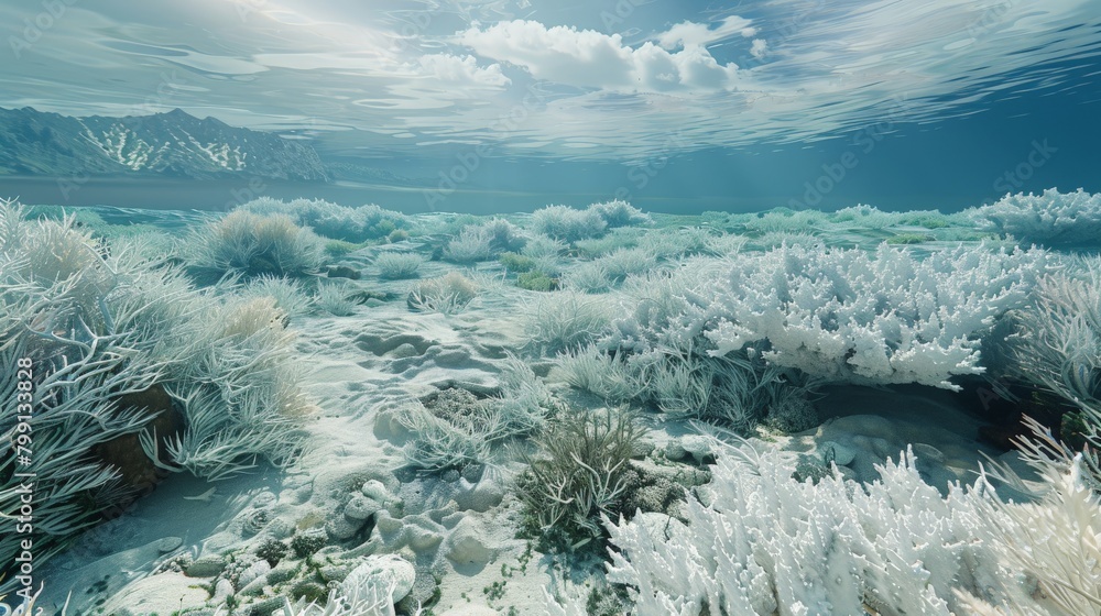 A photorealistic depiction of a mass coral bleaching event, with once ...