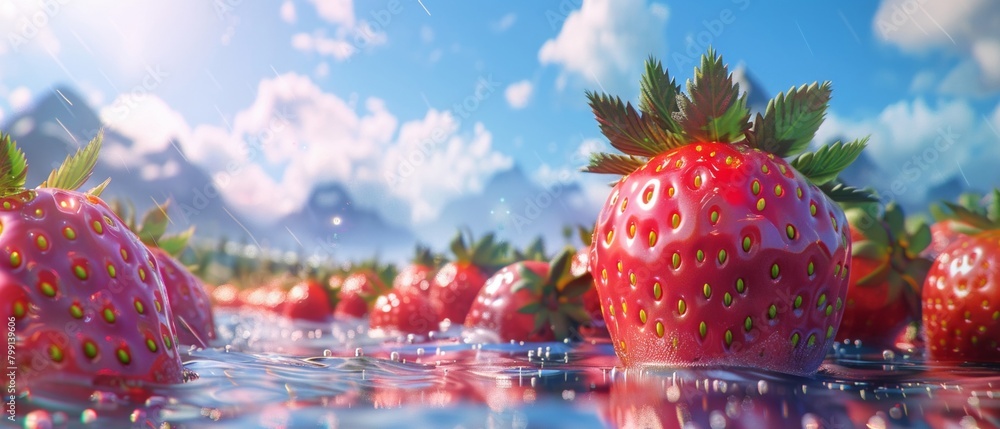 Fantasy 3D model of strawberry fields floating through a cosmic river ...