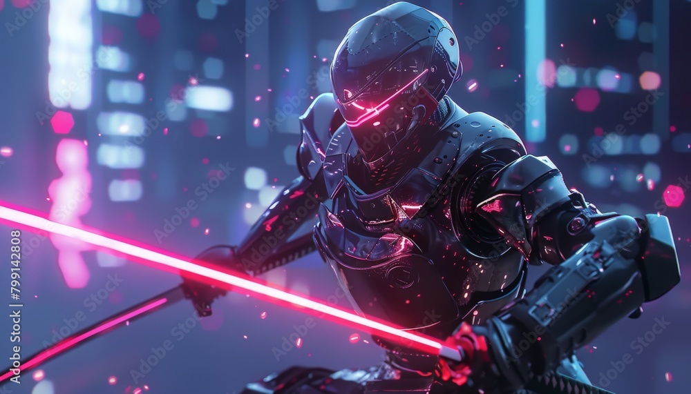 metal sheen of a Robotic Samurai, poised in a dynamic, low-angle stance ...