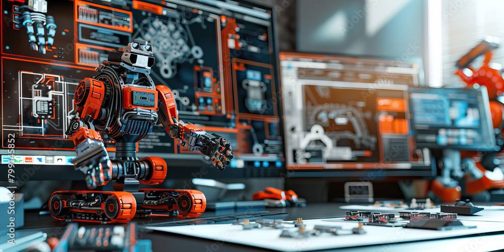 Close-up of a robotics engineer's desk with robot prototypes and ...