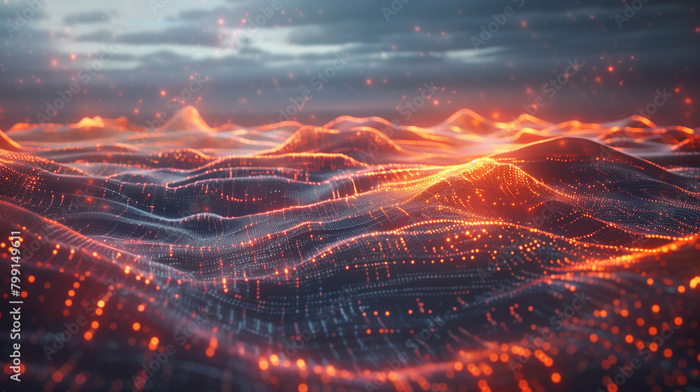 a surreal landscape where data is processed at lightning speed within a ...