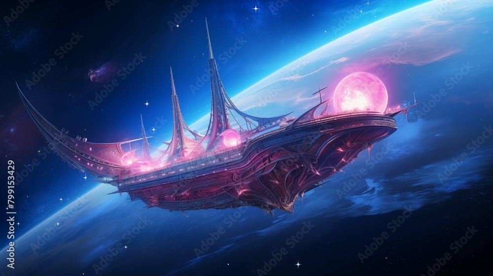 Celestial ship sails through starry space illustration. Fantasy vessel ...