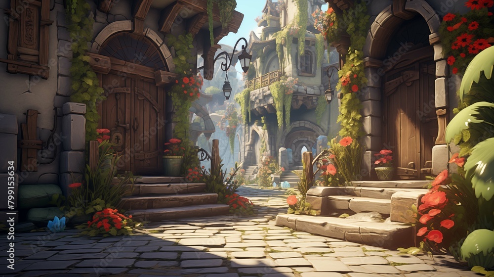 Sunlit cobblestone alley framed by flowering plants 2D cartoon ...