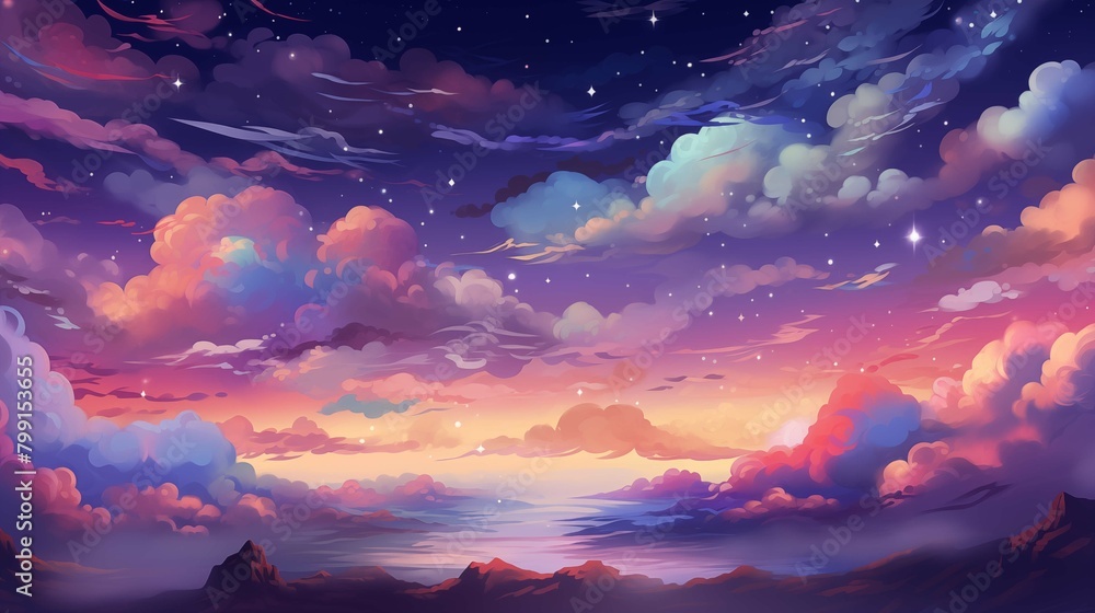 Surreal sunset cloudscape with vibrant gradient colors 2D cartoon ...