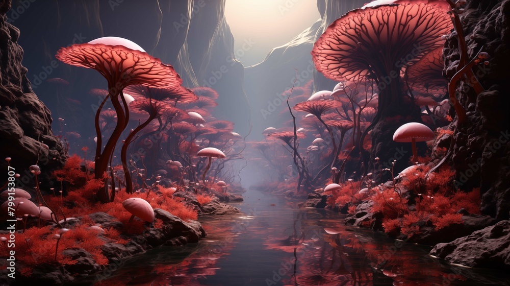 Mystical forest of oversized red mushrooms illustration. Enchanting ...