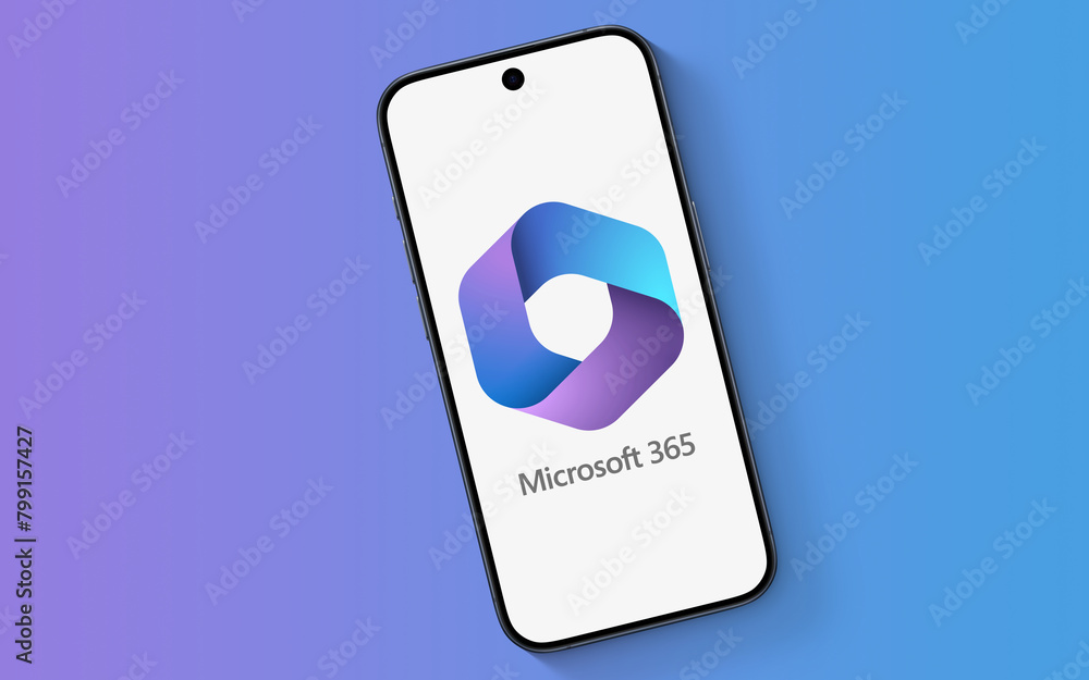 Microsoft 365 Logo is displayed on a smartphone, purple-blue gradient ...