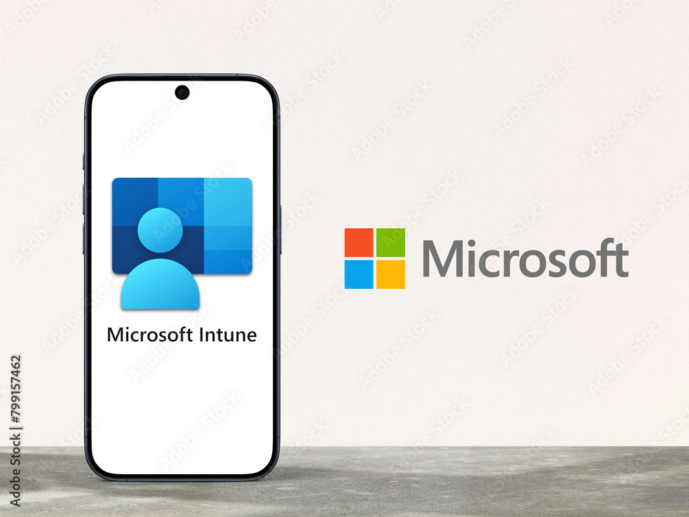 Microsoft Intune logo displayed on a modern smartphone standing on a ...