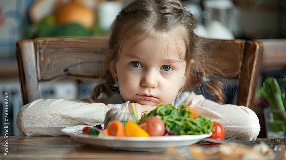 child has anorexia. little girl in front of food plate, concept child ...