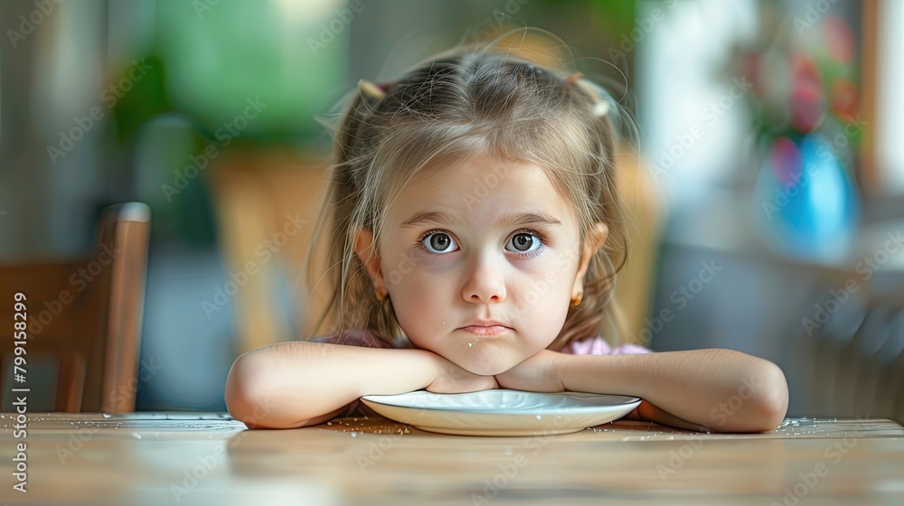 child has anorexia. little girl in front of food plate, concept child ...