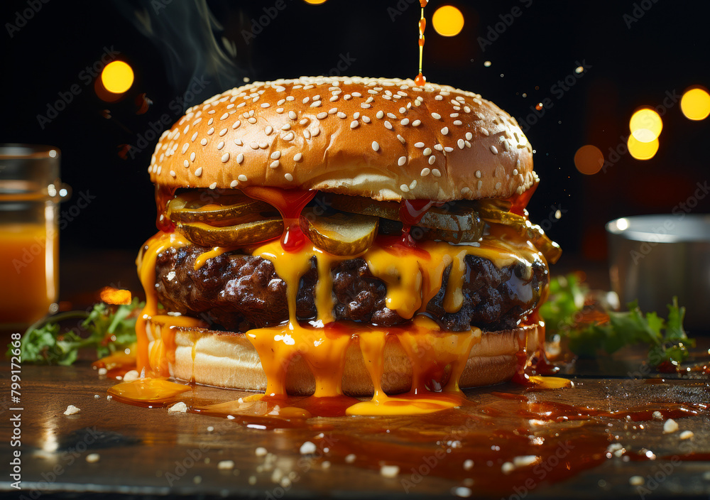 Juicy Dripping Cheeseburger with Barbecue Sauce - Mouthwatering ...