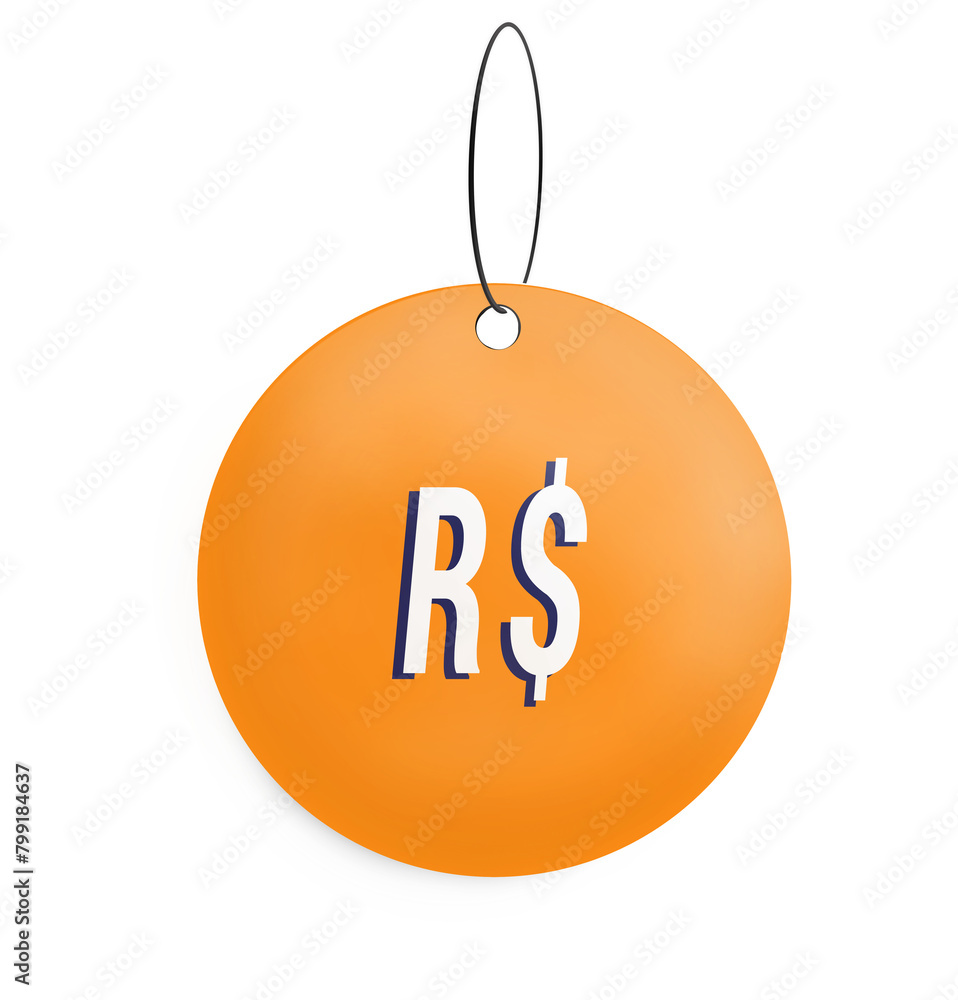 Rounded hang tag with sign of Brazilian currency named real wich has as ...