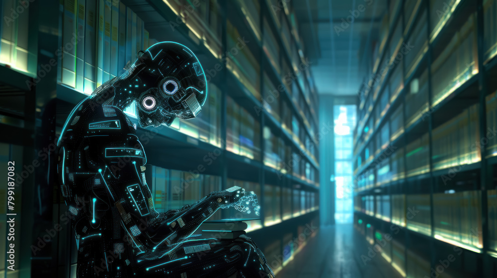 A librarian bot, its circuitry glowing through translucent skin, cataloging digital tomes in a ...