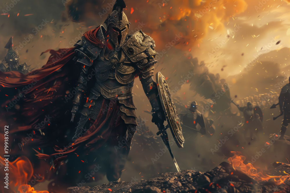 An ancient warrior standing on a blood-soaked battlefield, his armor a ...