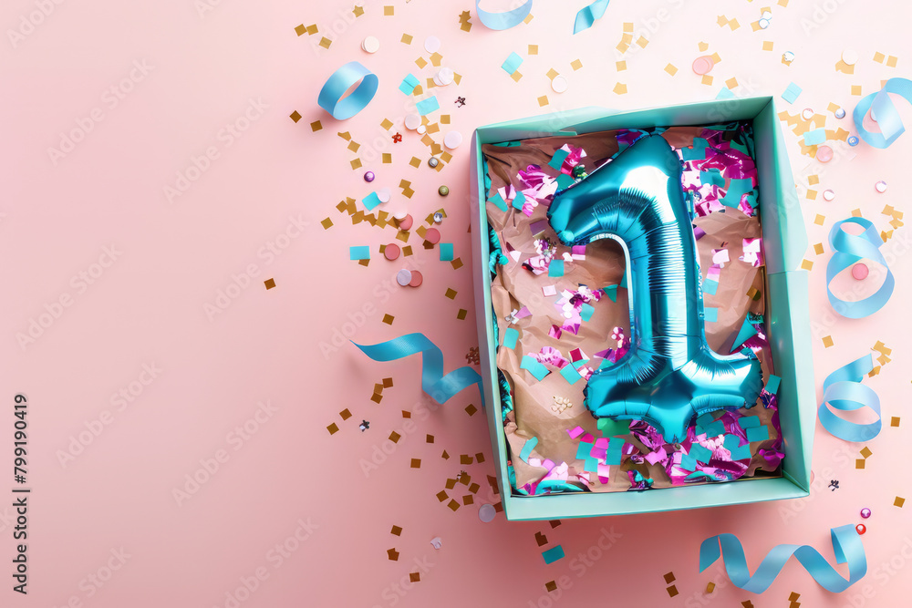 First birthday gift box with number 1 balloon inside, confetti and ...