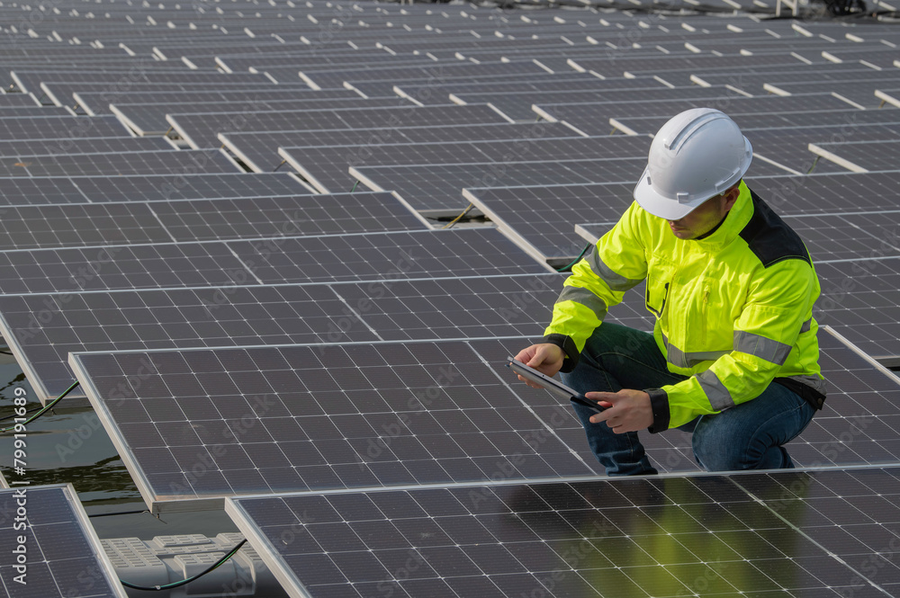 Engineer working at floating solar farm,checking and maintenance with ...