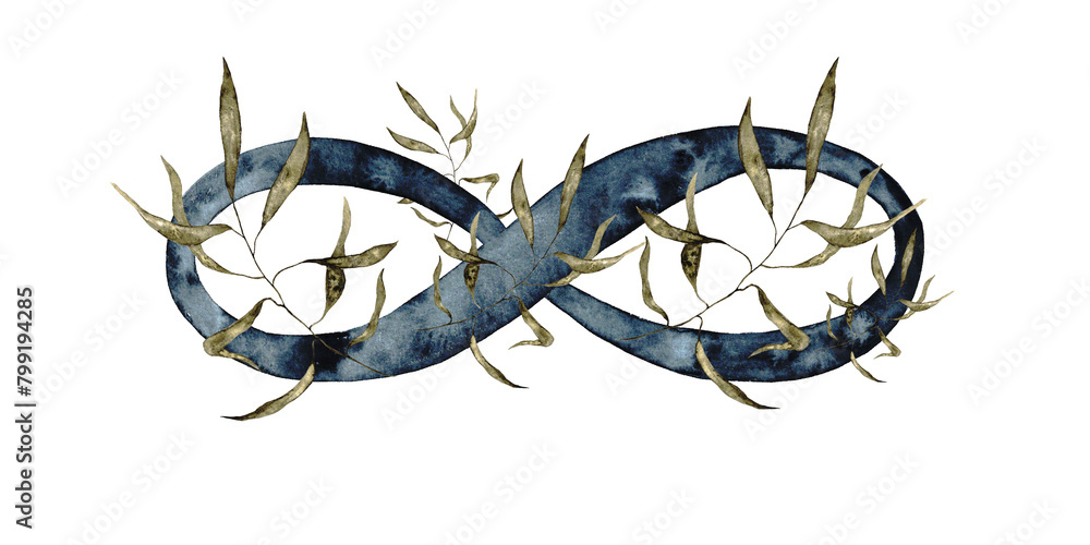 Watercolor infinity symbol with olive leaves. Hand drawn. For packaging ...