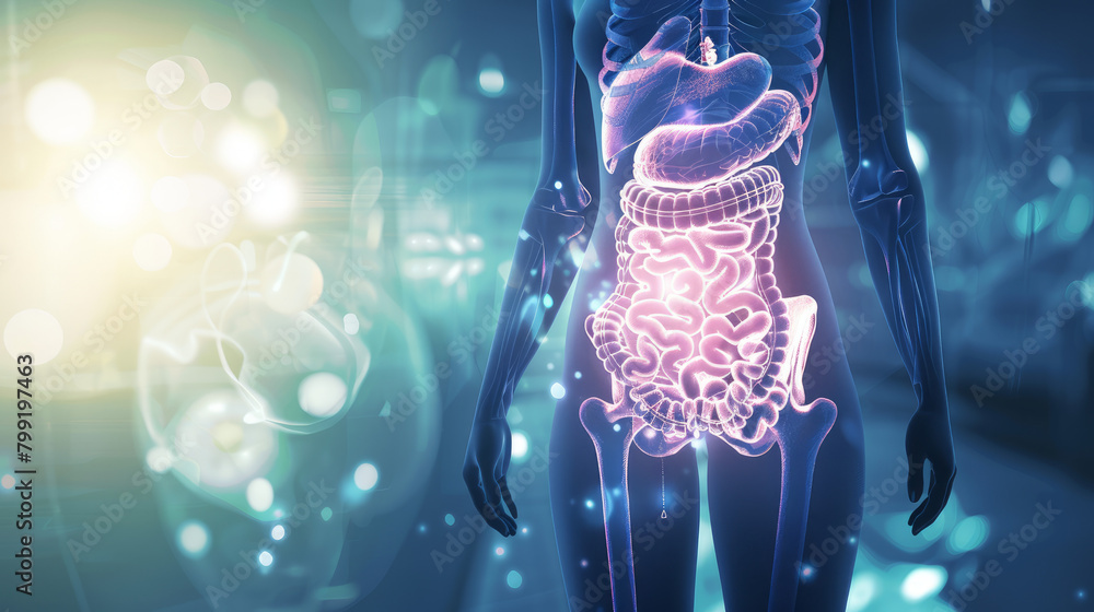 A healthy digestive system for women, shown as a gastroenterology tract ...