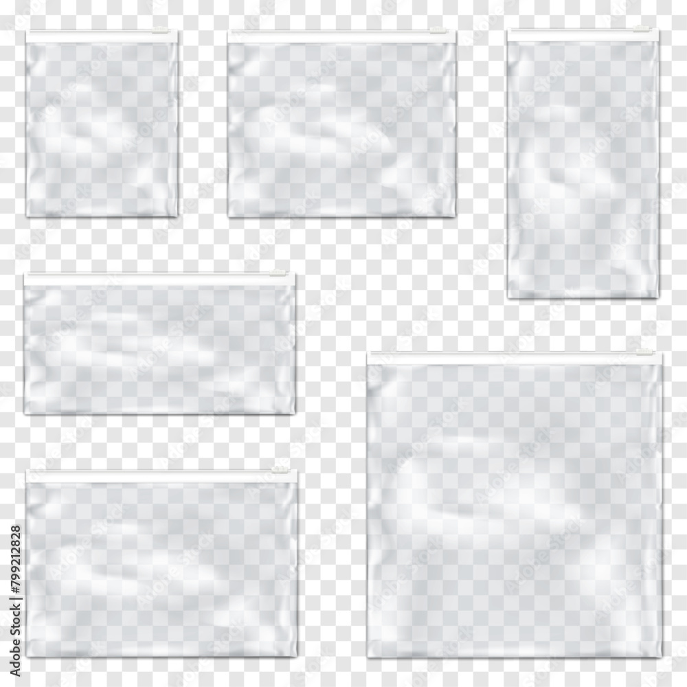 Clear plastic envelope bag with white zip lock. Vector mock-up set ...