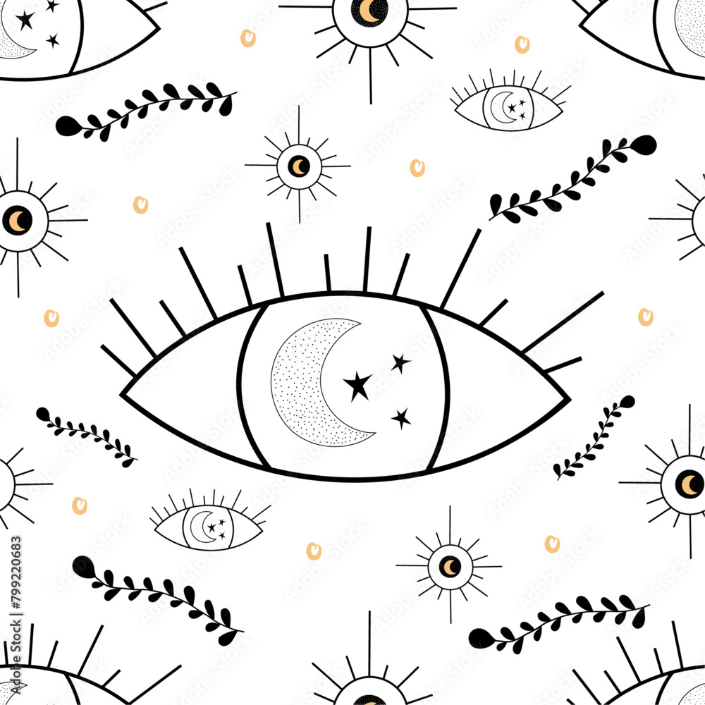 Magical tarot eye pattern with moon and stars in eyeball on white ...