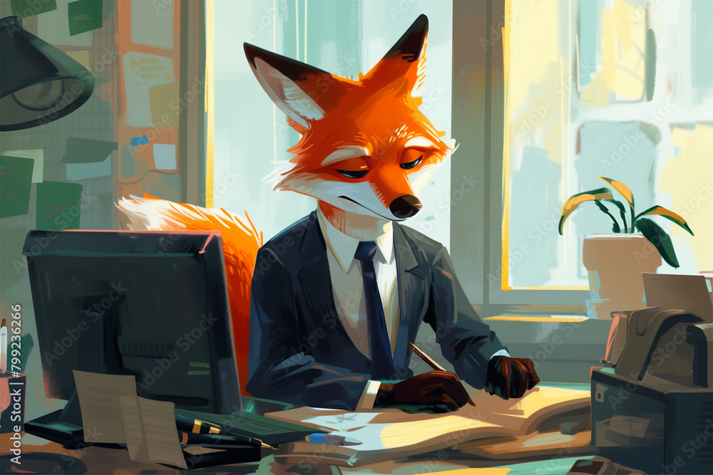 An AI generative image of cartoon fox working in the office. Fox ...