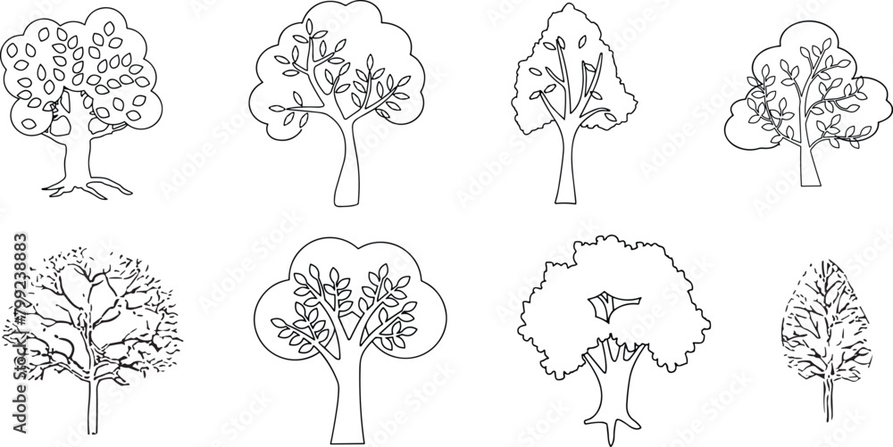 Minimal style cad tree line drawing, Side view, set of graphics trees ...