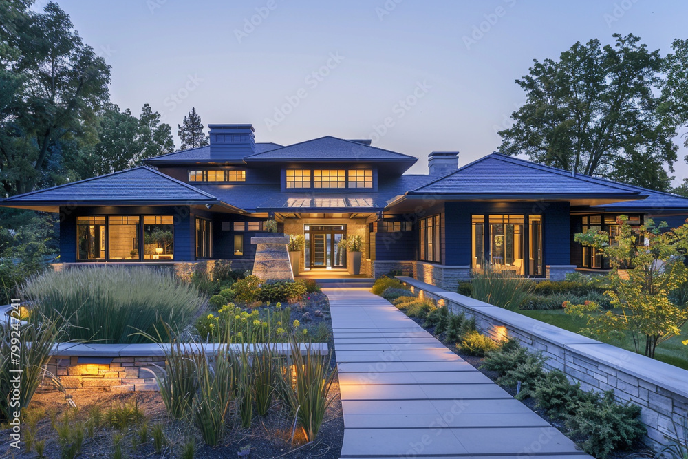 A modern electric blue craftsman cottage style home, featuring a triple ...