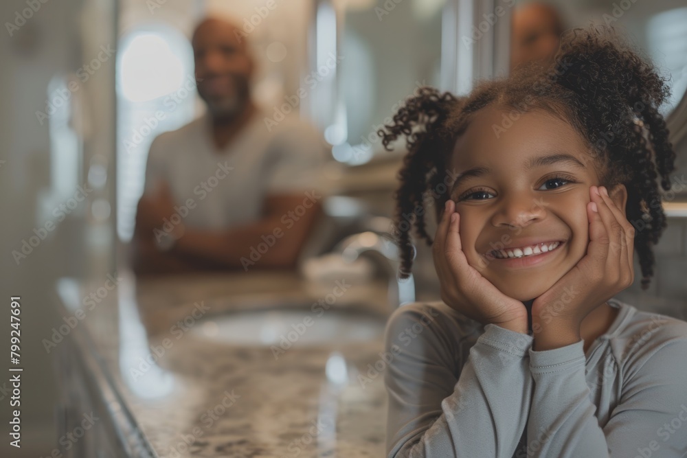 Skincare, family, and girl in bathroom with dad for morning hygiene and ...