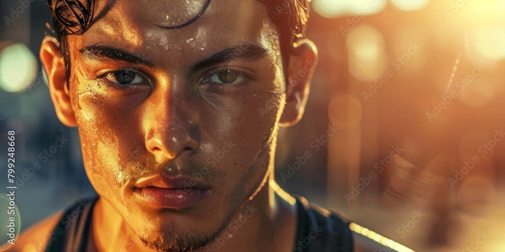 Man sweating and breathing in gym for fitness challenge, endurance, or ...