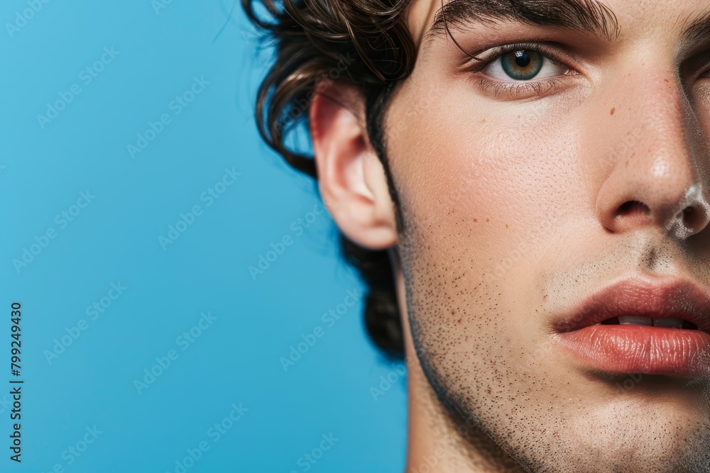 Health, skincare, and guy portrait on blue background with mockup ...