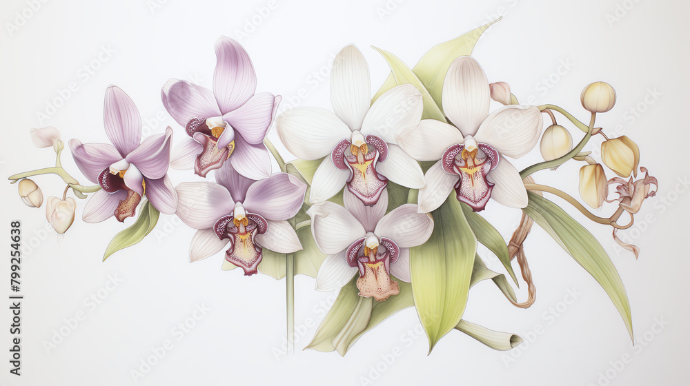 Create a detailed botanical drawing of a rare orchid, highlighting its ...