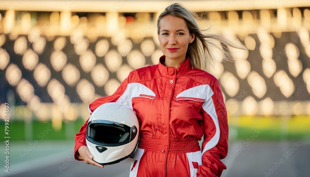 Isolated portrait of female racing car driver smiling and looking at ...