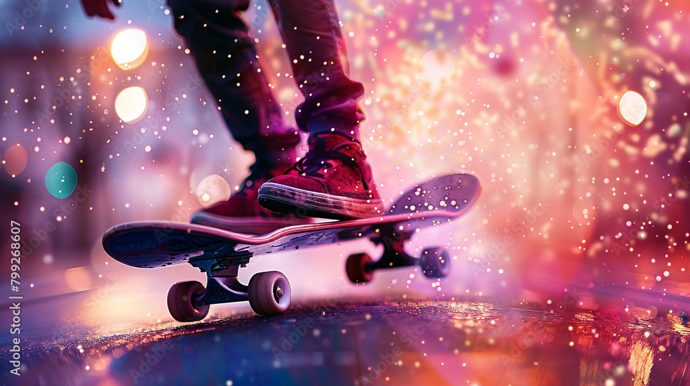 Skate park with bold graffiti-inspired particles dancing amidst a ...