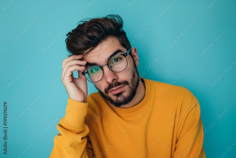 Thinking, glasses, Asian man with thoughts, choice, and emoji on blue ...