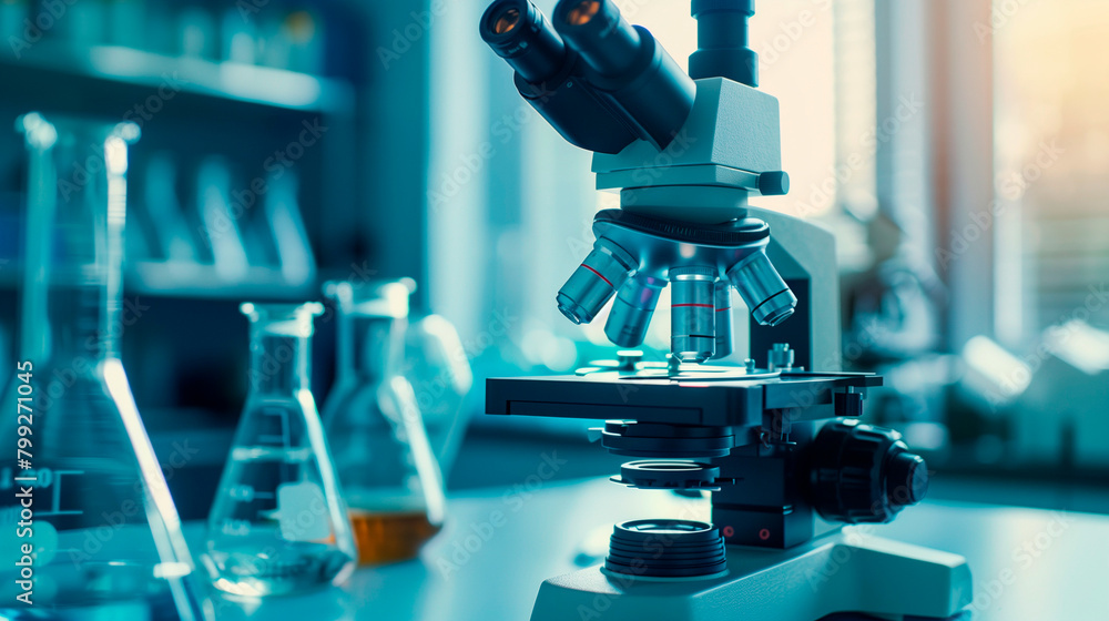 Microscope on desk close up view of microscope ocular lens appearing ...