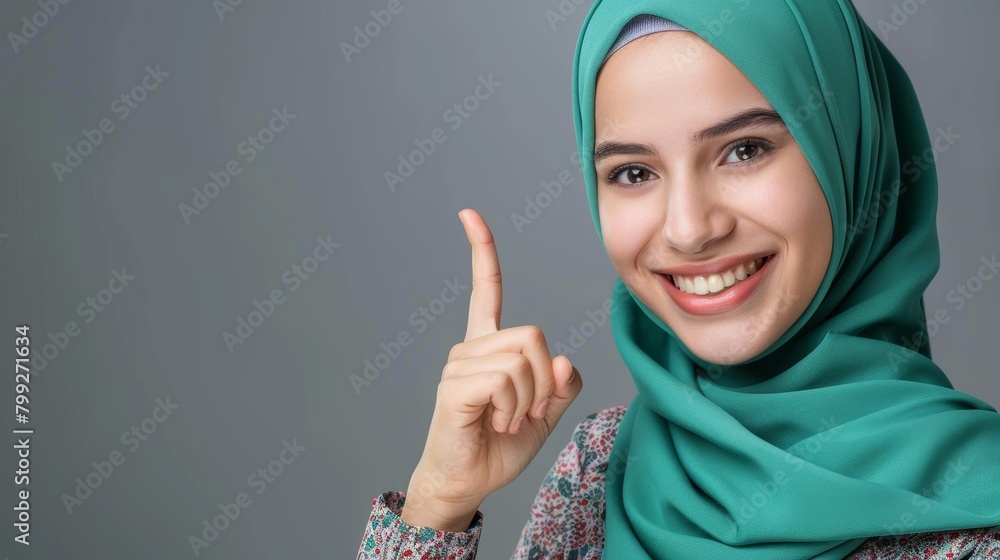 Muslim woman in studio with makeup, cosmetics, and beauty points up ...