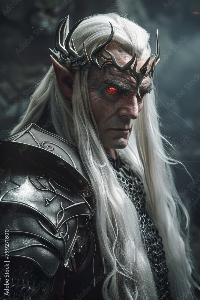 A digital oil painting of old elf king with red evil eyes and white ...