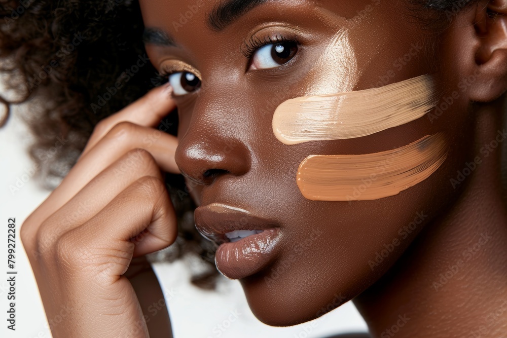 Beauty, makeup, and foundation hues on black woman's face with ...
