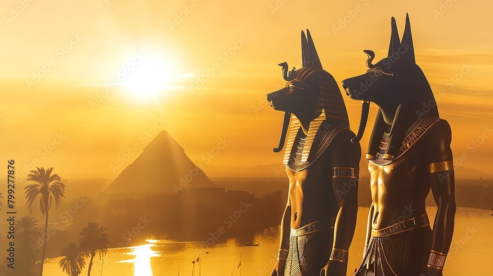 Ancient Egyptian gods overlooking the Nile, Anubis and Ra depicted in ...
