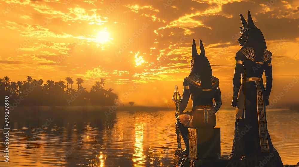 Ancient Egyptian gods overlooking the Nile, Anubis and Ra depicted in ...