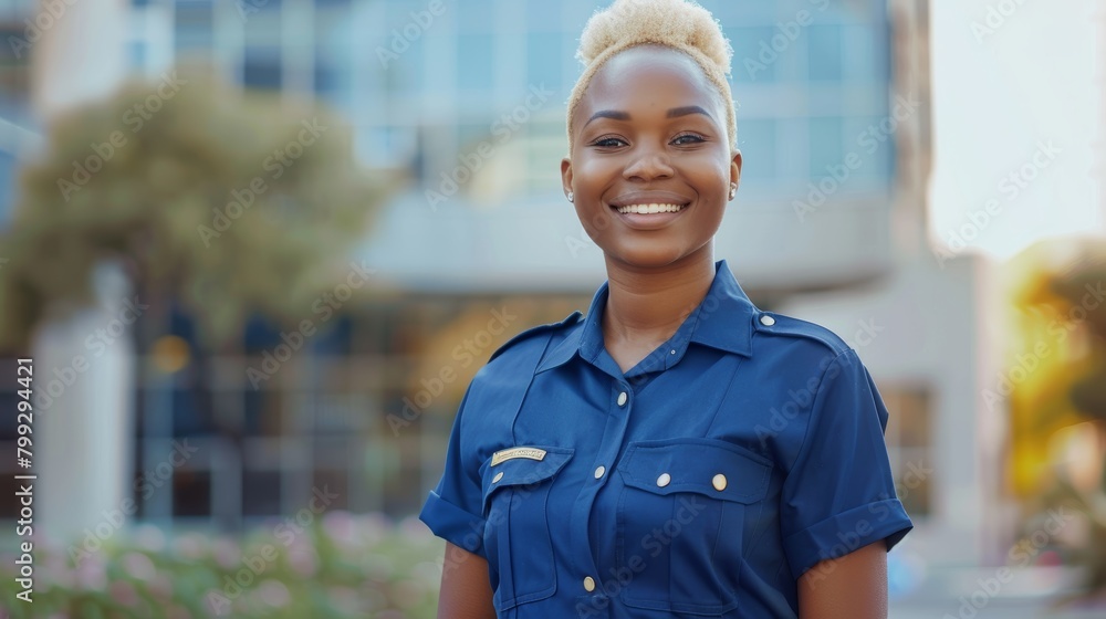 Portrait of black woman and security guard smiling with arms crossed in ...
