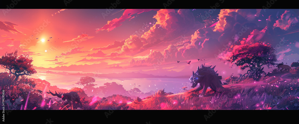Produce an AI-generated fantasy landscape with mythical creatures ...