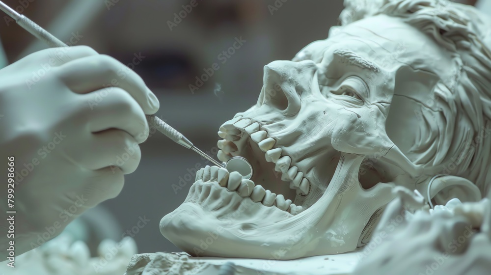 A skul'ptor carefully sculpts a skull out of clay, capturing every ...