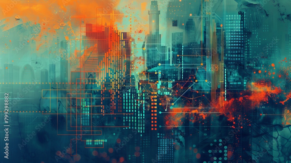 An abstract vibrant digital art piece featuring a dynamic composition ...